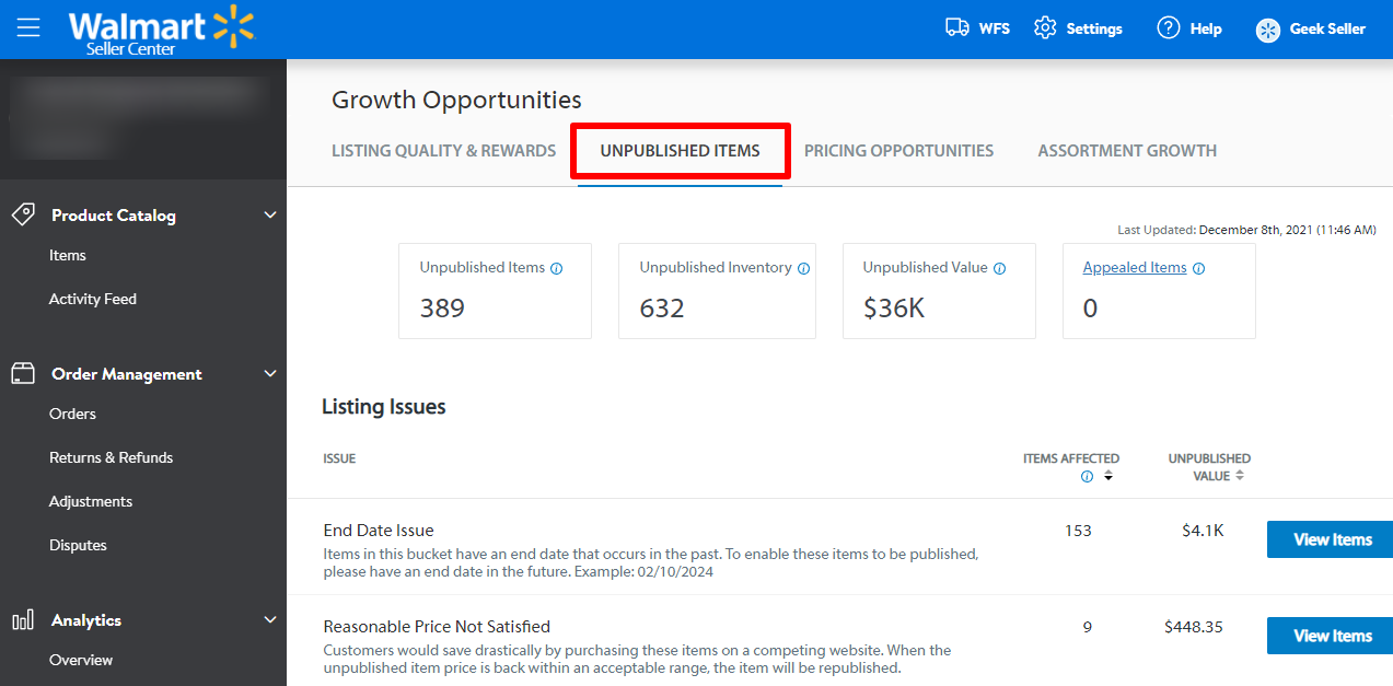 Walmart Unpublished Items in Check with New Dashboard