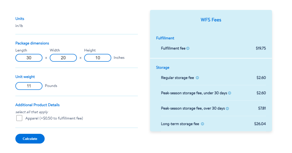 WFS Calculator - Estimate Storage and Shipping Fees